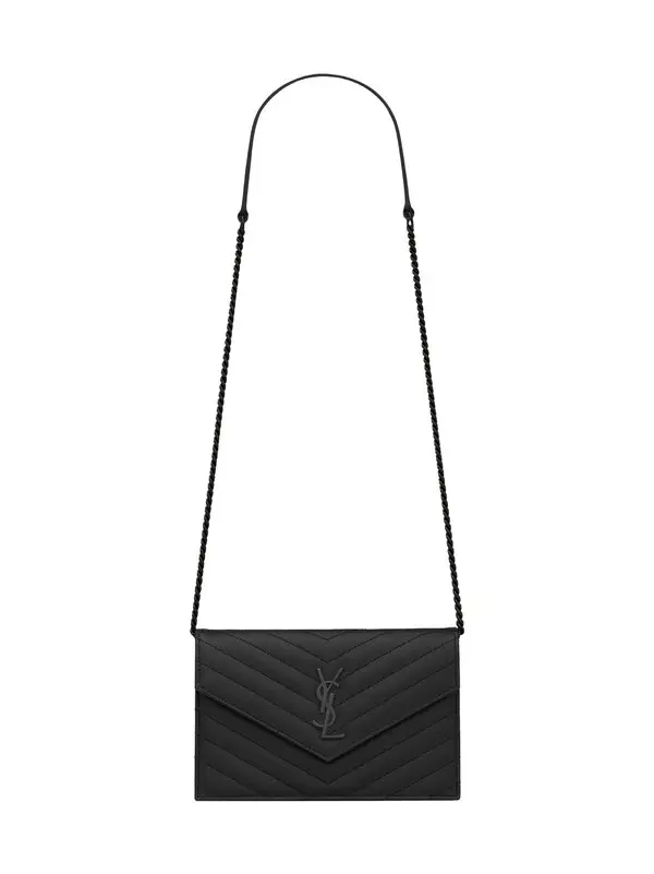 Saint Laurent Cassandre Envelope Chain Wallet In Grain De Poudre Leather - Black