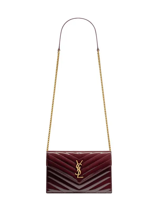 Saint Laurent Cassandre Envelope Chain Wallet In Patent Leather - Dark Red Wine