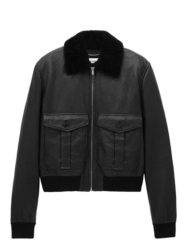 Saint Laurent Bomber Jacket In Bubbled Lambskin And Shearling - Black