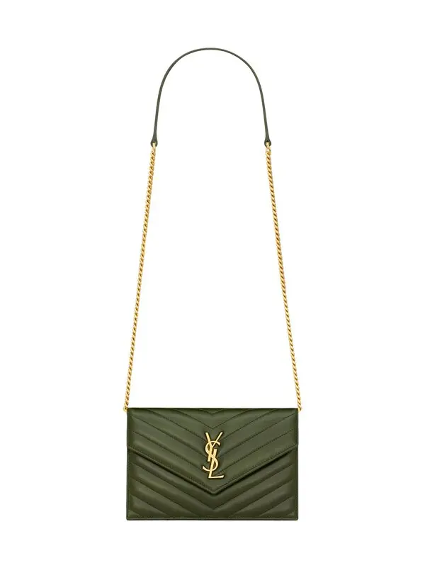 Saint Laurent Cassandre Envelope Chain Wallet In Lambskin - Olive Wood
