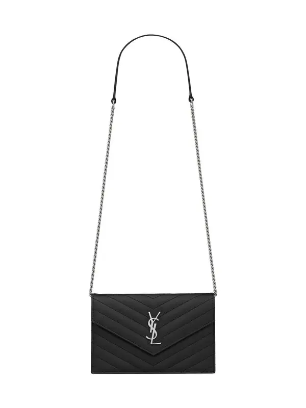 Saint Laurent Cassandre Envelope Chain Wallet In Grain De Poudre Leather - Black