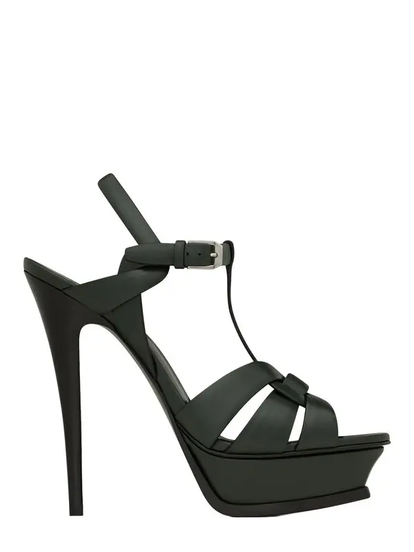 Saint Laurent Tribute Platform Sandals In Smooth Leather - Dark Green