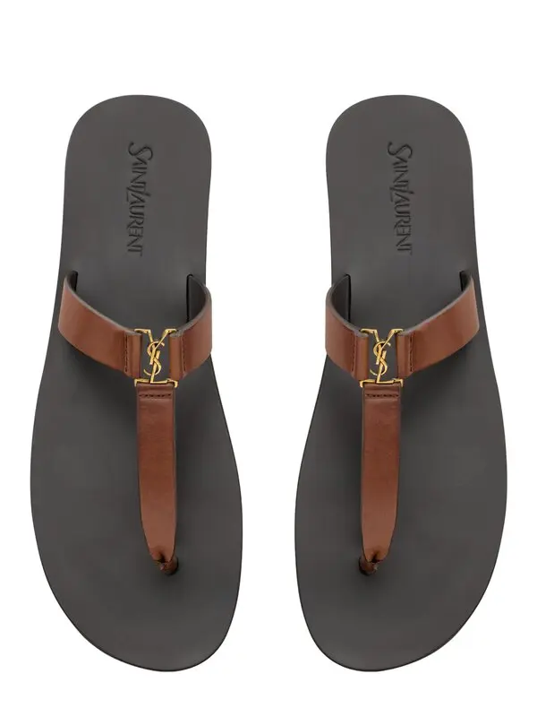 Saint Laurent Babylone Flat Slides In Smooth Leather - Burnt Brown