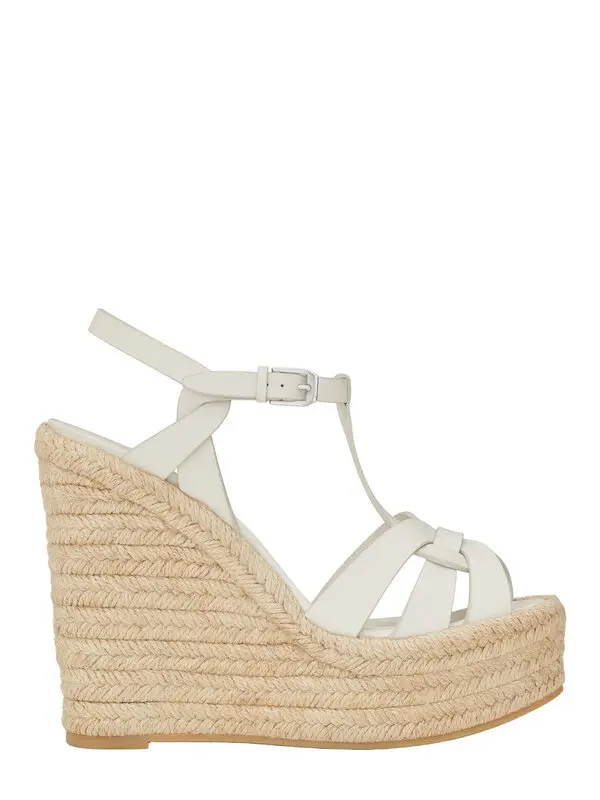 Saint Laurent Tribute Espadrille Wedge Sandals In Smooth Leather - White