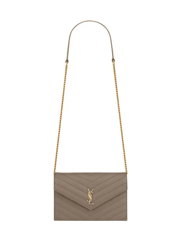 Saint Laurent Cassandre Envelope Chain Wallet In Grain De Poudre Leather - Light Taupe
