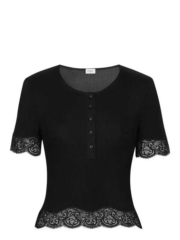 Saint Laurent Ribbed Silk Jersey T-shirt With Lace Trim - Noir