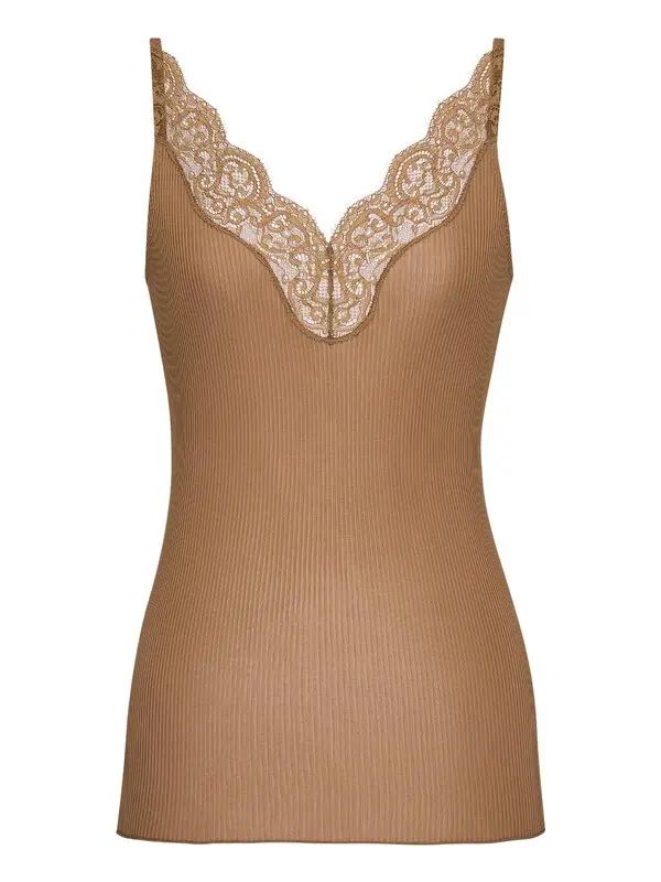 Saint Laurent Ribbed Silk Jersey Lace Tank Top - Caramel