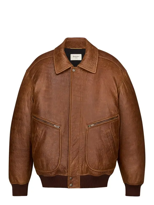 Saint Laurent Padded Bomber Jacket In Vintage Grained Lambskin - Brun Chene/marron Terracotta