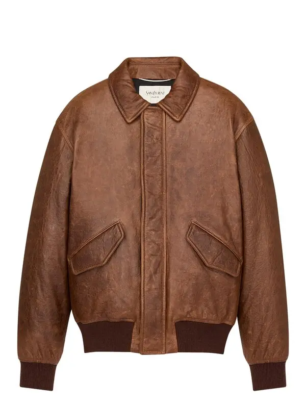 Saint Laurent Vintage Grained Lambskin Bomber Jacket - Brun Chene/marron Terracotta