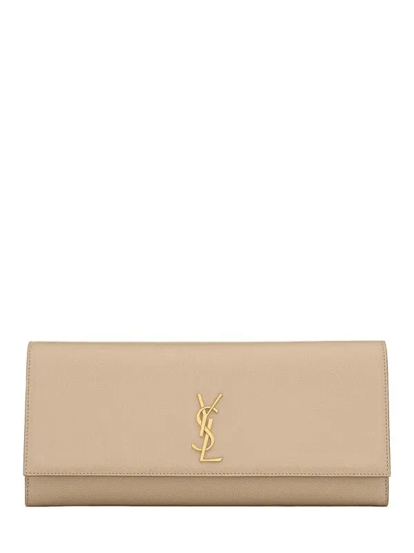 Saint Laurent Kate Clutch In Grain De Poudre Leather With Cassandre - Dark Beige