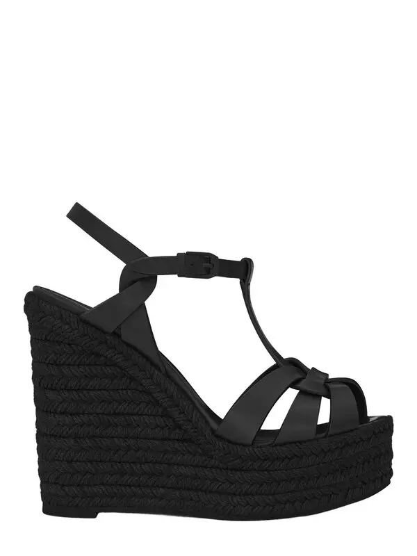Saint Laurent Tribute Espadrilles Wedge In Smooth Leather - Black