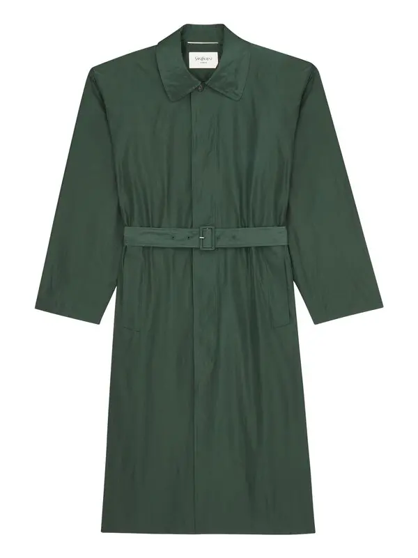 Saint Laurent Trench Coat In Silk - Vert Fonce