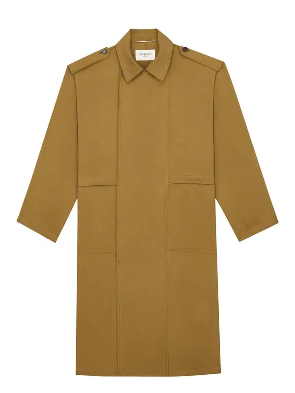 Saint Laurent Broad Shoulder Trench Coat In Silk Serge - Kaki Dore
