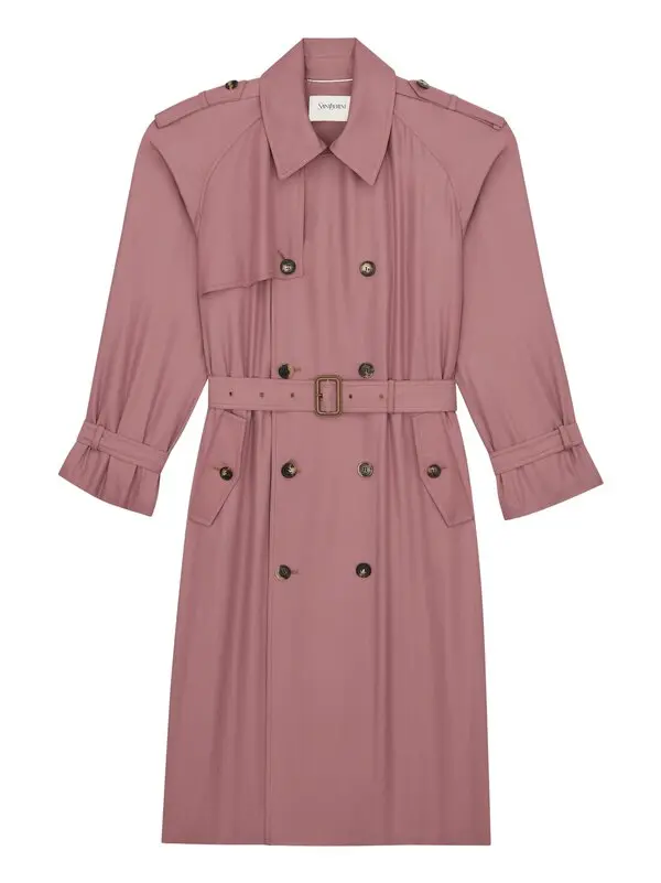 Saint Laurent Belted Trench Coat In Silk Satin - Rose Cendre