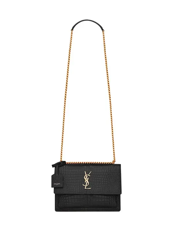 Saint Laurent Medium Sunset Bag In Crocodile-embossed Leather - Black