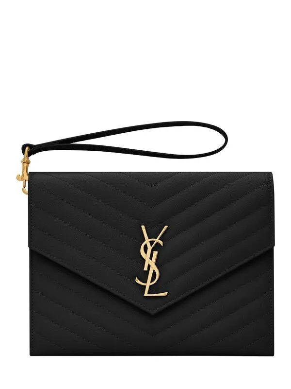 Saint Laurent Cassandre Matelassé Flap Pouch In Grain De Poudre Leather - Black