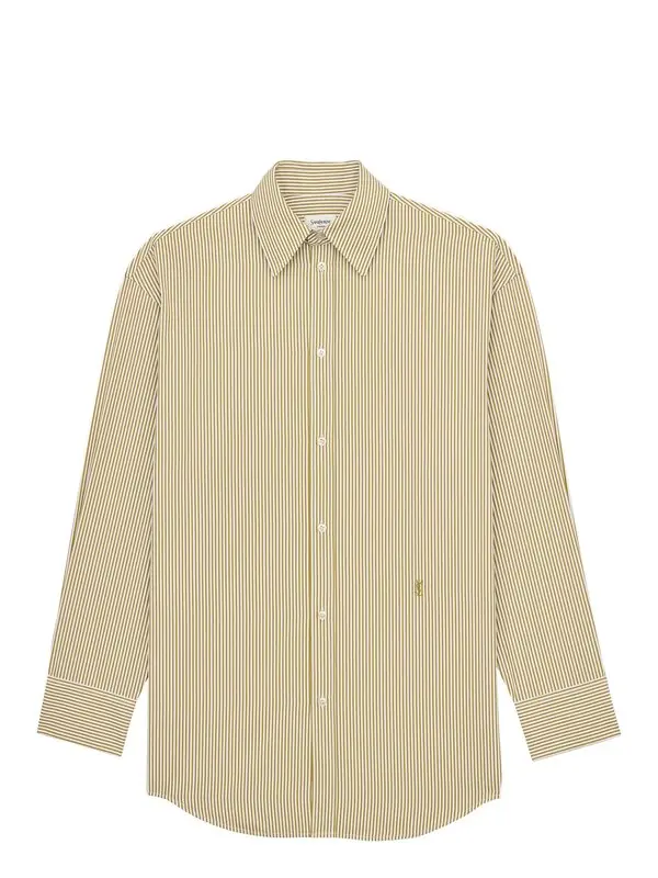 Saint Laurent Cassandre Striped Cotton Poplin Shirt - Kaki/blanc