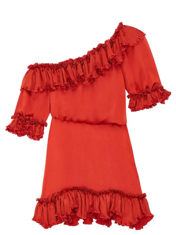 Saint Laurent One-shoulder Silk Satin Dress With Ruffled Trims - Orange Sanguine