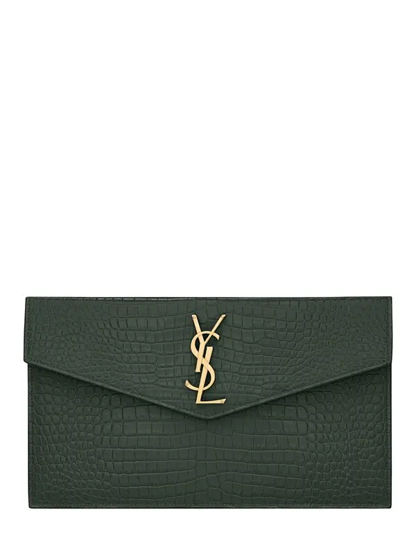 Saint Laurent Ptown Pouch In Crocodile-embossed Shiny Leather - Mint