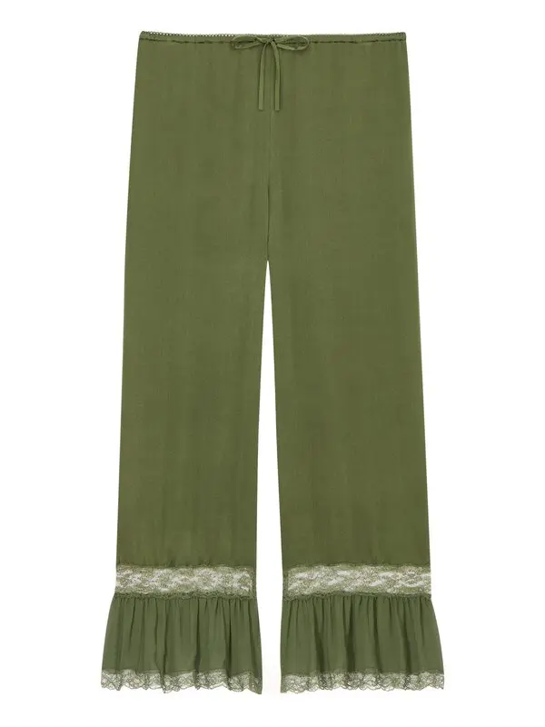 Saint Laurent Silk Satin Lace-cuff Pants - Kaki