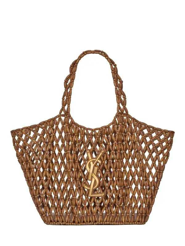 Saint Laurent Icare Medium Wood Bead Tote - Light Wood And Brick