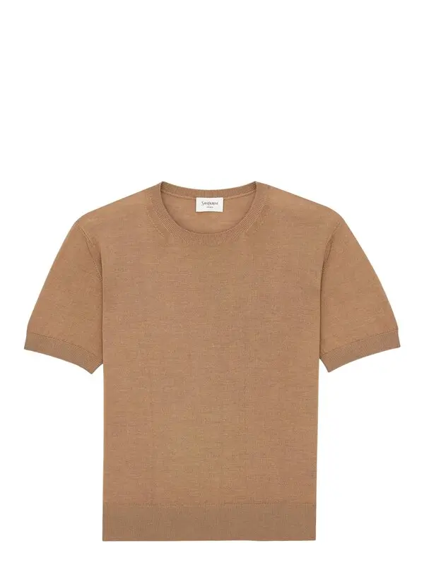 Saint Laurent Crewneck T-shirt In Cashmere, Wool, And Silk - Camel Clair