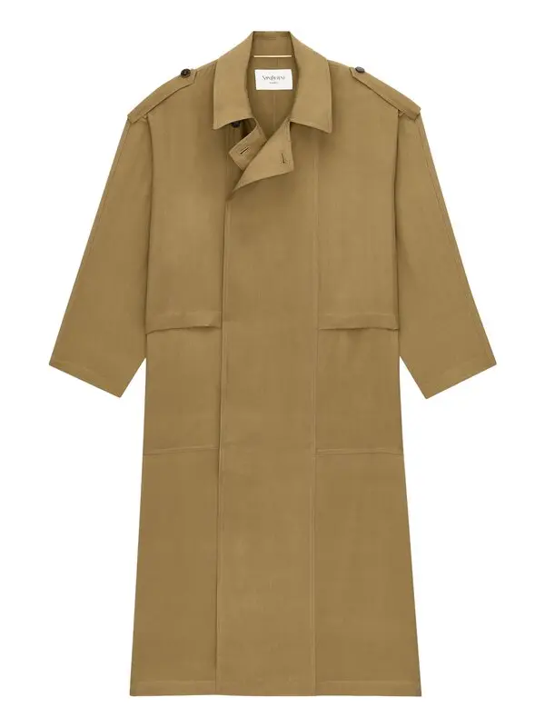 Saint Laurent Trench Coat In Silk Twill - Kaki Dore