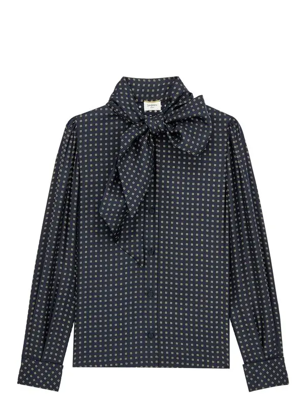 Saint Laurent Lavallière Blouse In Silk Crepe-back Satin With Square Settings - Marine