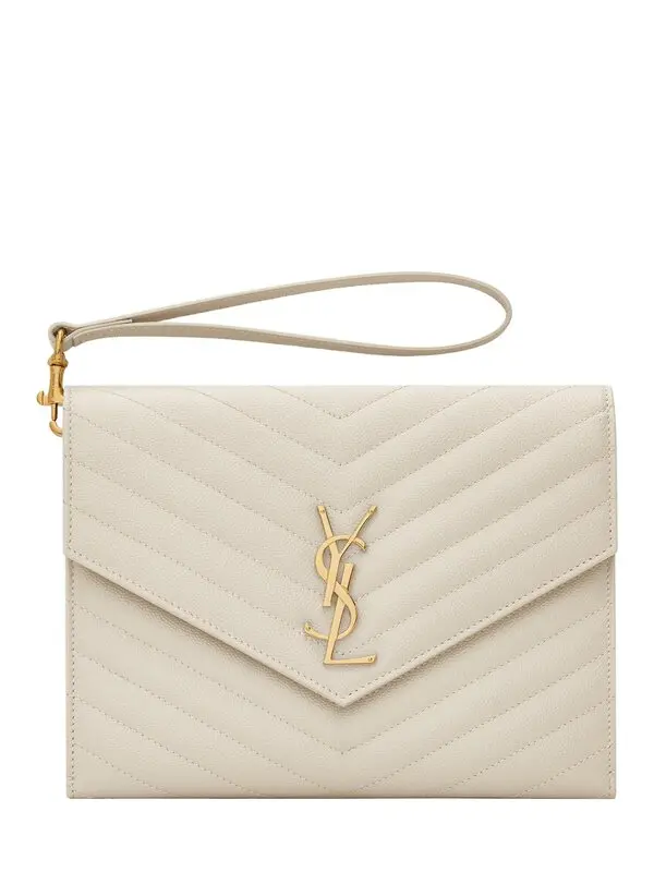 Saint Laurent Cassandre Matelassé Flap Pouch In Grain De Poudre Leather - White