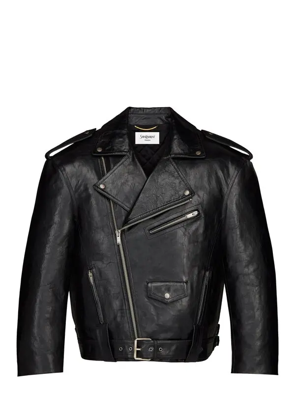 Saint Laurent Oversized Quilted Zip Biker Jacket In Grained Leather - Noir/beige Rose