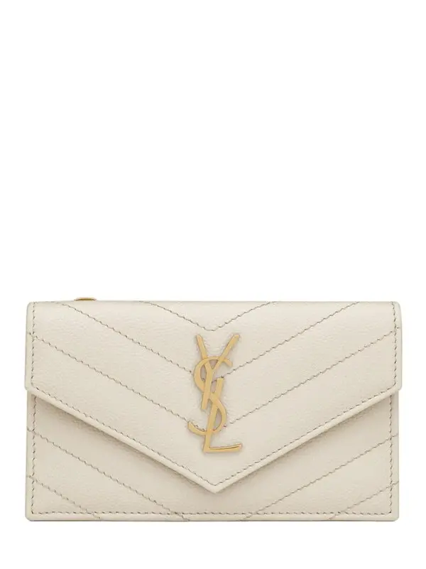 Saint Laurent Cassandre Matelassé Fragments Flap Card Case In Grain De Poudre Leather - White