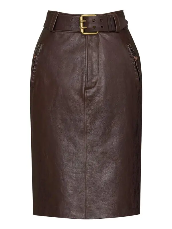 Saint Laurent Belted Pencil Skirt In Creased Leather - Marron Fonce