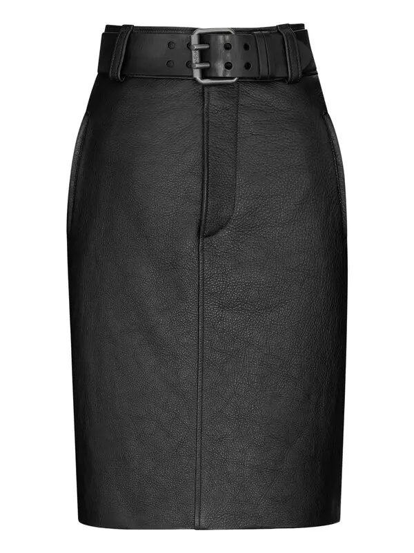 Saint Laurent Belted Pencil Skirt In Grained Leather - Noir/naturel