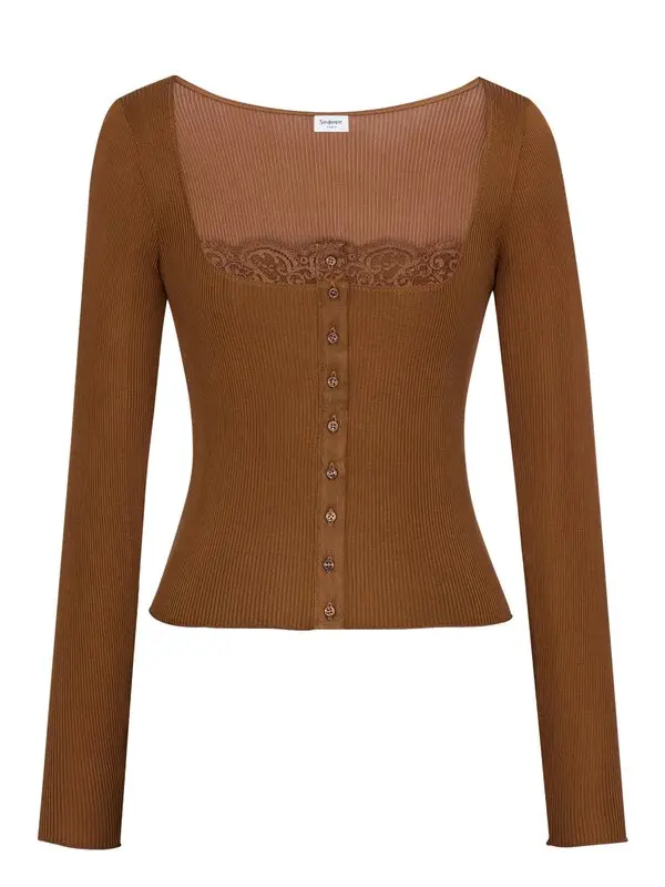 Saint Laurent Ribbed Silk Jersey Square Neck Top With Lace Detail - Cognac