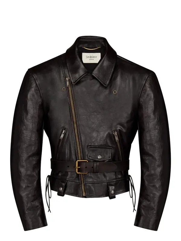 Saint Laurent Grained Leather Lace-up Biker Jacket - Marron Fonce/beige Rose