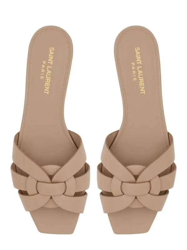 Saint Laurent Tribute Mules In Smooth Leather - Dark Beige