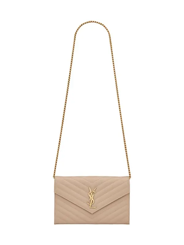 Saint Laurent Cassandre Chain Wallet In Grain De Poudre Leather - Dark Beige