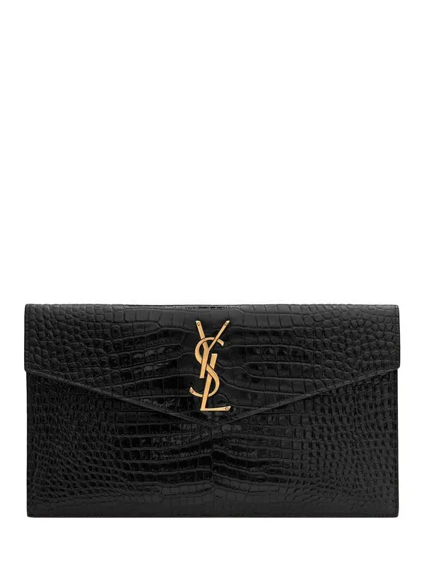 Saint Laurent Ptown Pouch In Crocodile-embossed Shiny Leather - Black