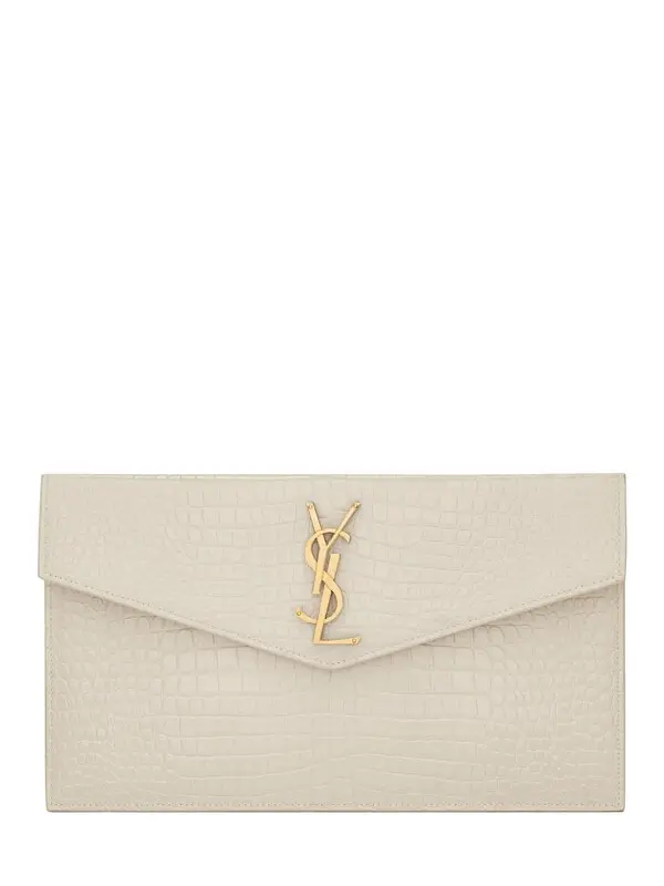 Saint Laurent Ptown Pouch In Crocodile-embossed Shiny Leather - White