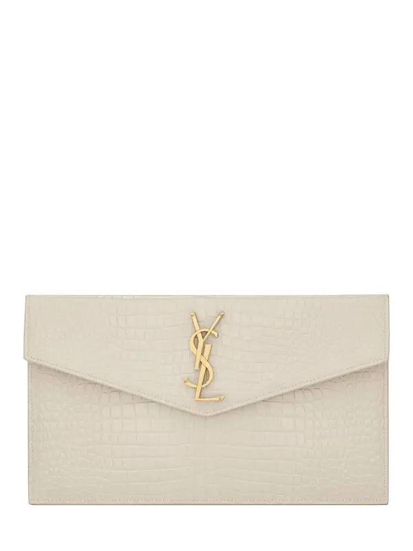 Saint Laurent Ptown Pouch In Crocodile-embossed Shiny Leather - White