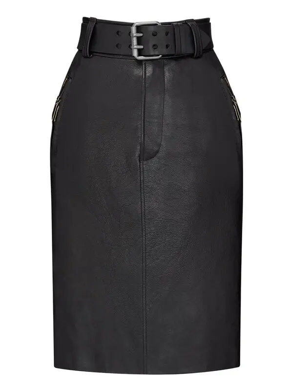 Saint Laurent Belted Pencil Skirt In Grained Leather - Noir/beige