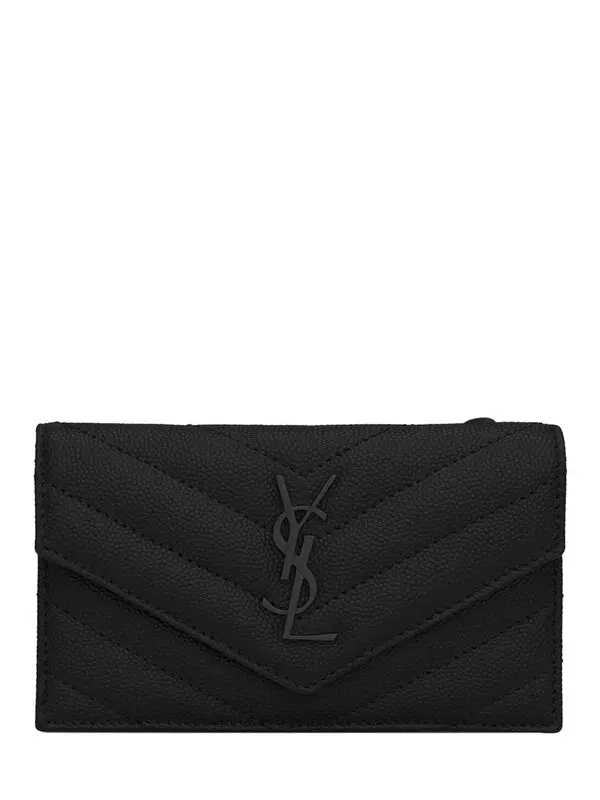 Saint Laurent Cassandre Matelassé Fragments Flap Card Case In Grain De Poudre Leather - Black