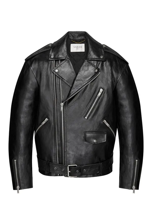 Saint Laurent Grained Leather Oversized Biker Jacket - Noir/beige Rose