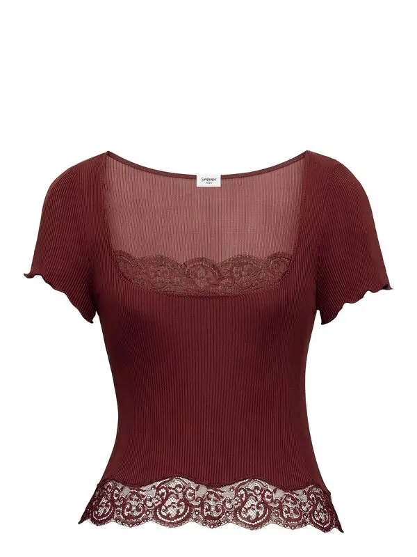 Saint Laurent Ribbed Silk Jersey Square Neck T-shirt With Lace Trim - Rouge Fonce