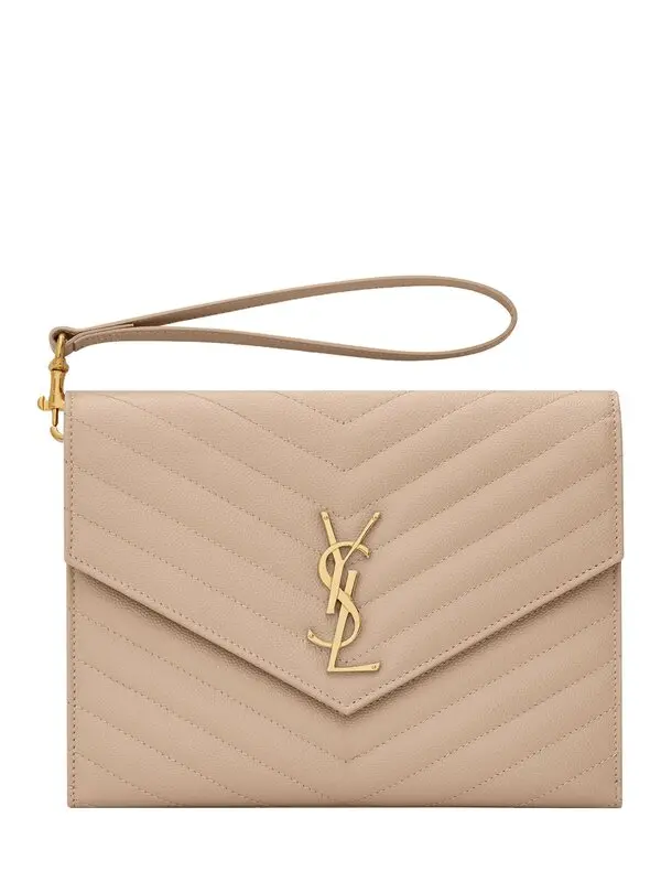 Saint Laurent Cassandre Matelassé Flap Pouch In Grain De Poudre Leather - Dark Beige