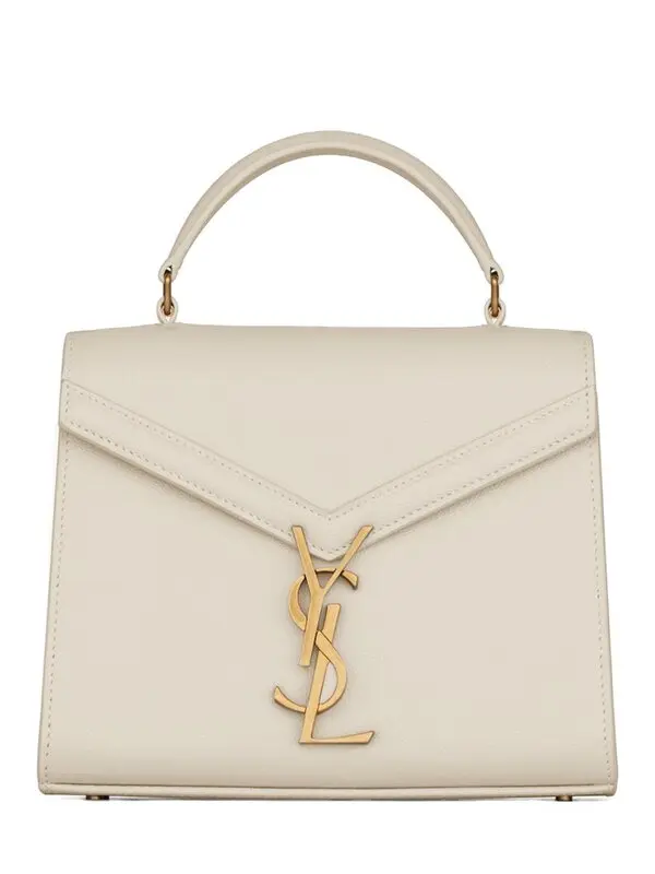 Saint Laurent Cassandra Mini Top Handle Bag In Grain De Poudre Embossed Leather - White