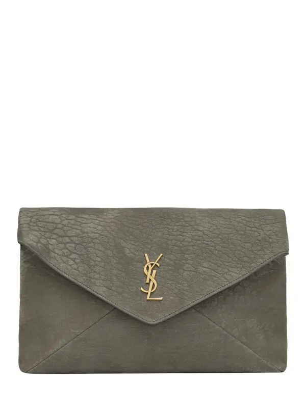 Saint Laurent Cassandre Large Envelope Pouch In Nubuck - Zinc Grey