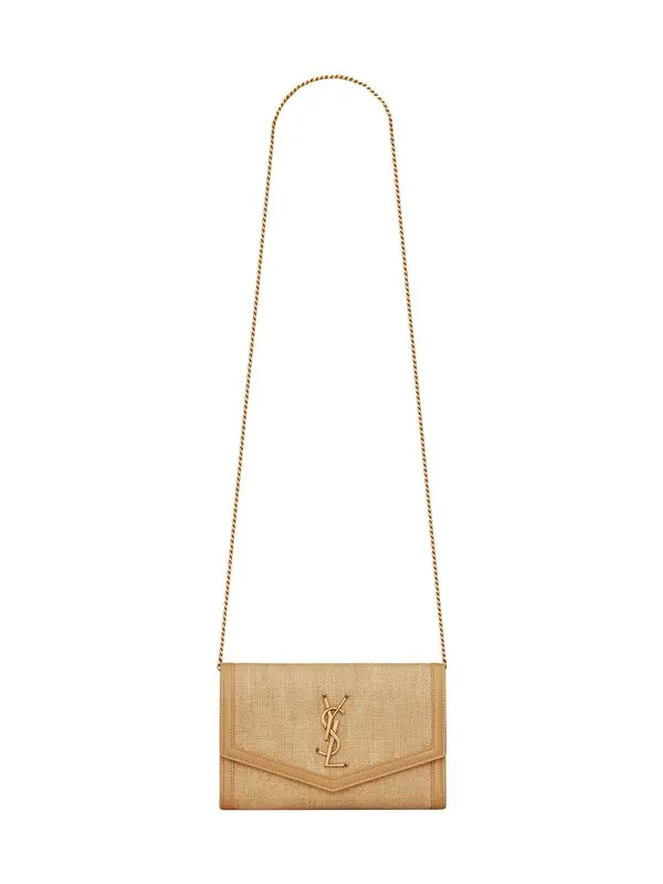 Saint Laurent Cassandre Chain Wallet In Micro Raffia - Natural Hay & Blush