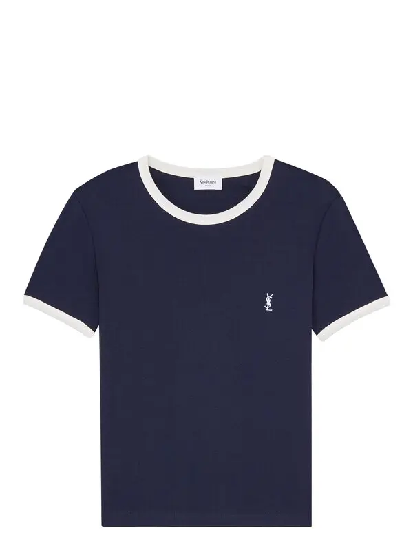 Saint Laurent Cassandre T-shirt In Ribbed Cotton Jersey - Navy/naturel