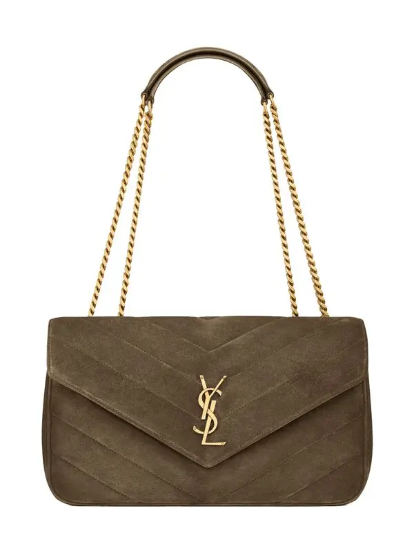 Saint Laurent Loulou Medium Matelassé Suede Chain Bag - Light Musk